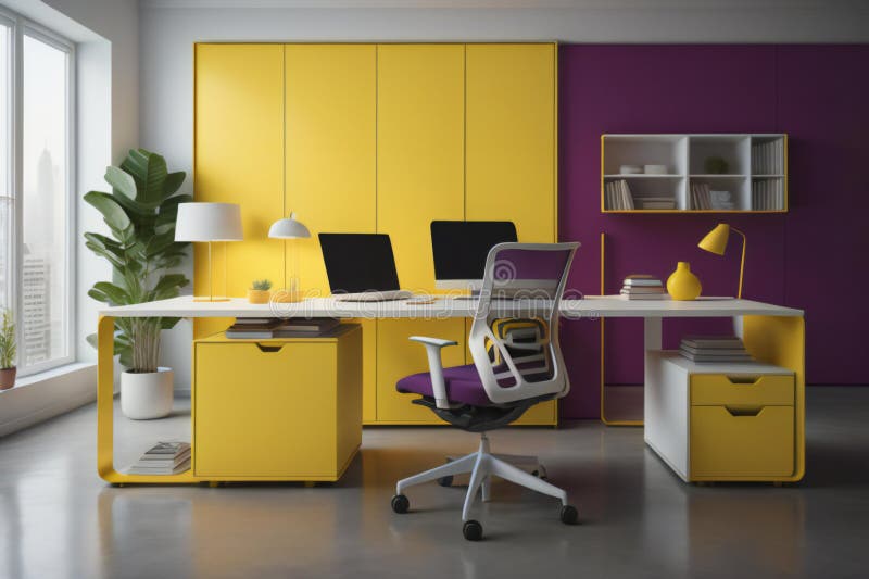Interior of Modern Office with Yellow and Purple Walls, Concrete Floor ...