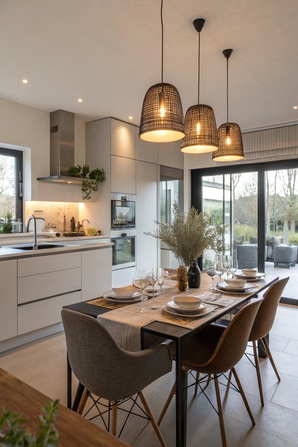 Interior of Modern Open Plan Kitchen with Dining Table and Glowing ...