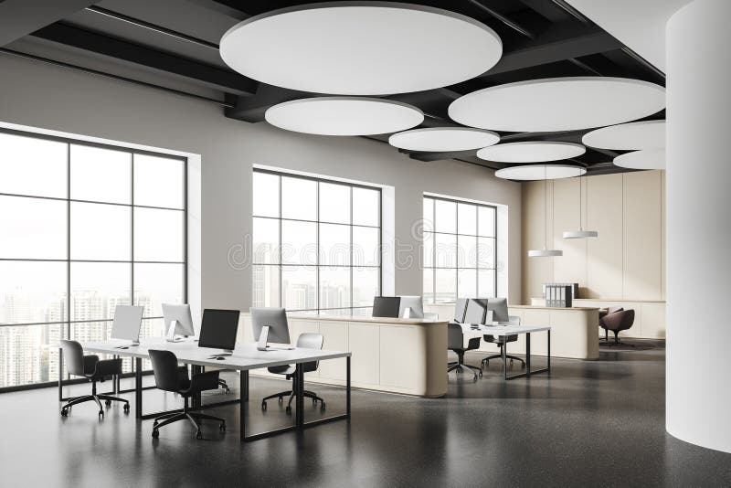 White and Yellow Open Space Office with Columns Stock Illustration ...