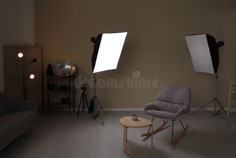 Interior of Modern Photo Studio with Rocking Chair Stock Photo - Image ...