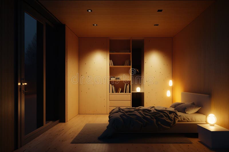 Interior of a Modern Plywood Bedroom at Night Stock Illustration ...