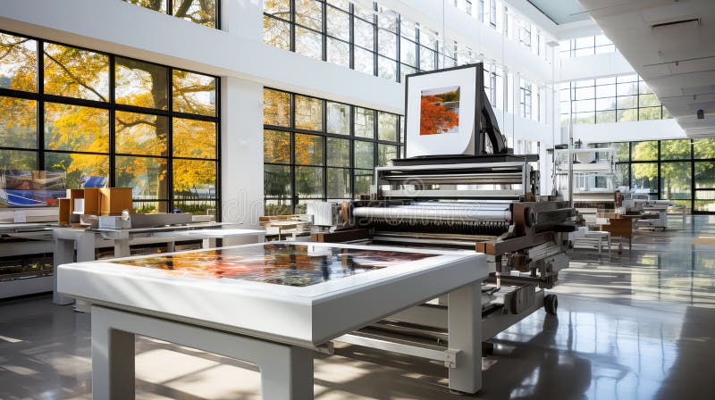 Interior of a Modern Printing Factory with a Large Offset Machine. 3d ...