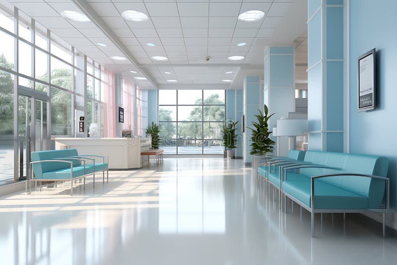 Interior of Modern Reception Hall with Blue and White Reception Desk ...