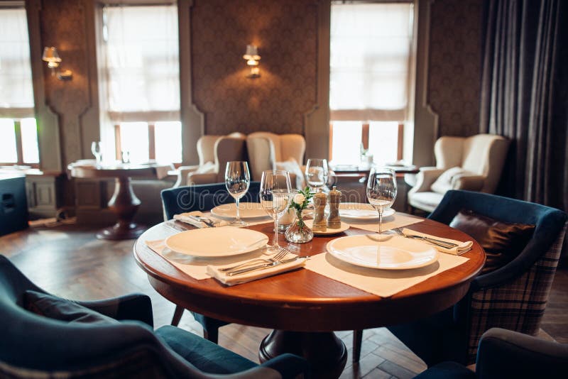 Wooden Design in Classic Restaurant with Glasses on Table Stock Image ...