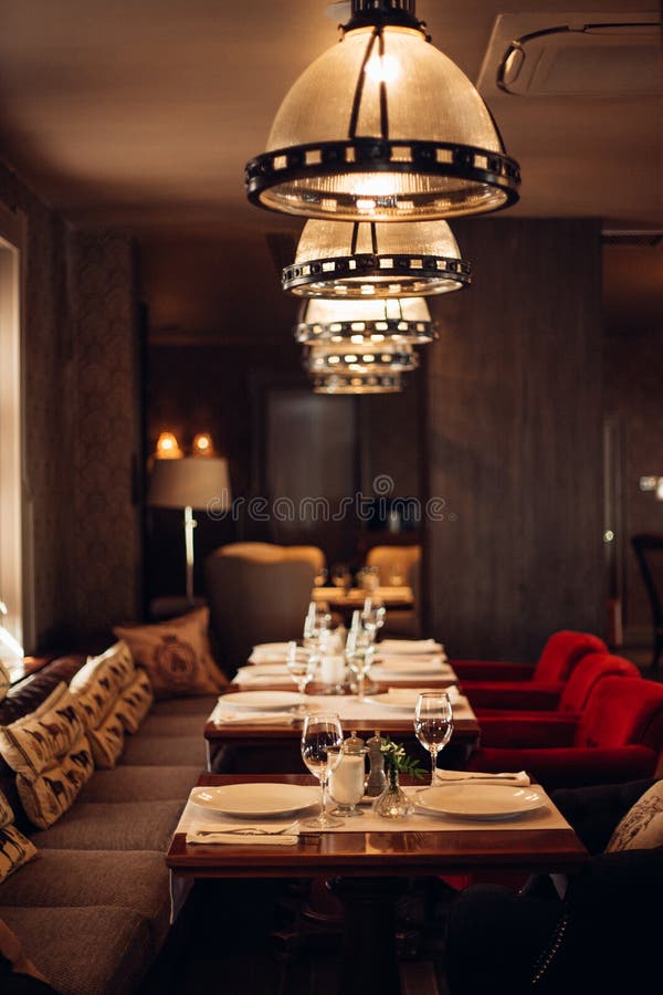 Wooden Design in Classic Restaurant with Glasses on Table Stock Photo - Image of cafe, lounge ...