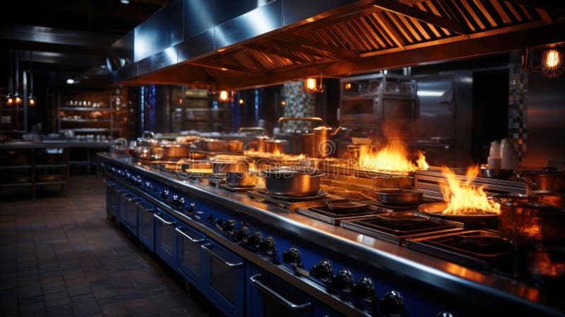 Interior of a Modern Restaurant Kitchen with Fire in the Foreground ...