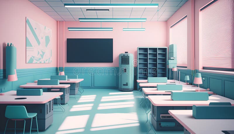 Interior of Modern School Classroom with Pink Walls, Blue Floor and ...