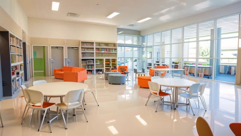Interior of a Modern School Library Featuring Tables, Chairs, and ...