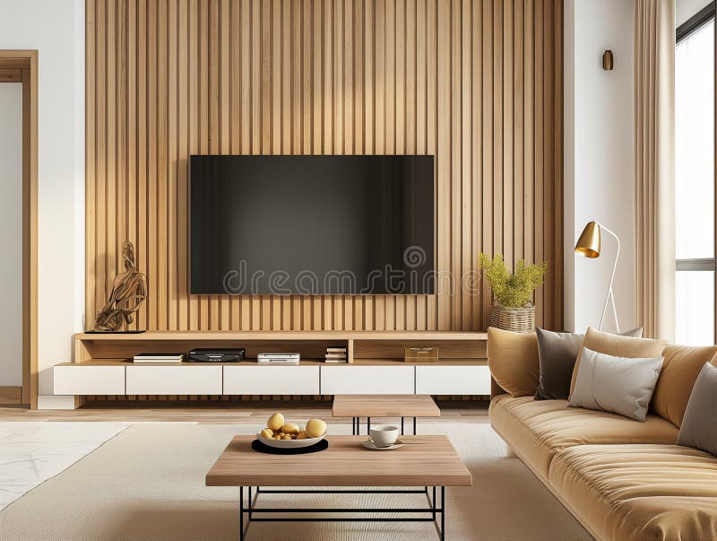 Interior of Modern Sunny Living Room with TV Wall, Sofa and Coffee ...