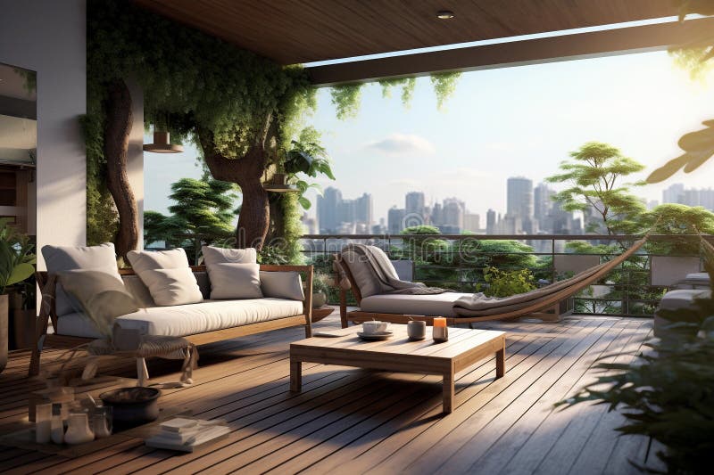 The Interior of a Modern Terrace with Panoramic Windows Stock ...