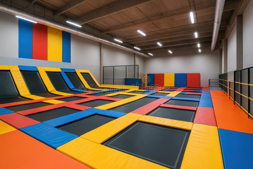 Interior of a Modern Trampoline Park with Colorful Padded Frames and ...