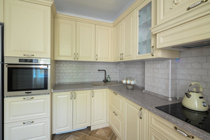 Interior of Modern Trendy Cream Colored Kitchen Stock Image - Image of ...