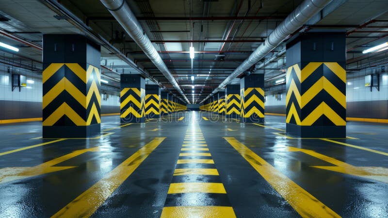 The Interior of the Modern Underground Parking Lot Features Bright ...
