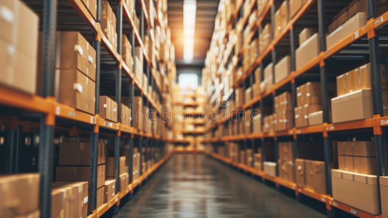Modern Warehouse Interior with Rows of Cardboard Boxes on Shelves ...
