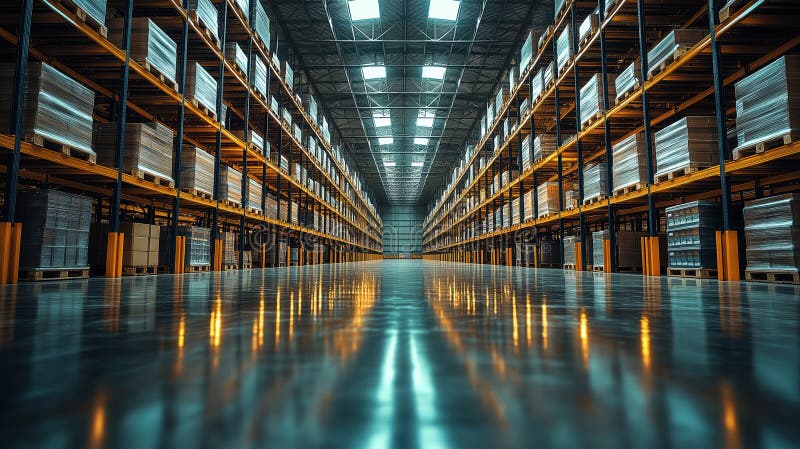 Interior of a Modern Warehouse with Stacked Pallets and Reflective ...
