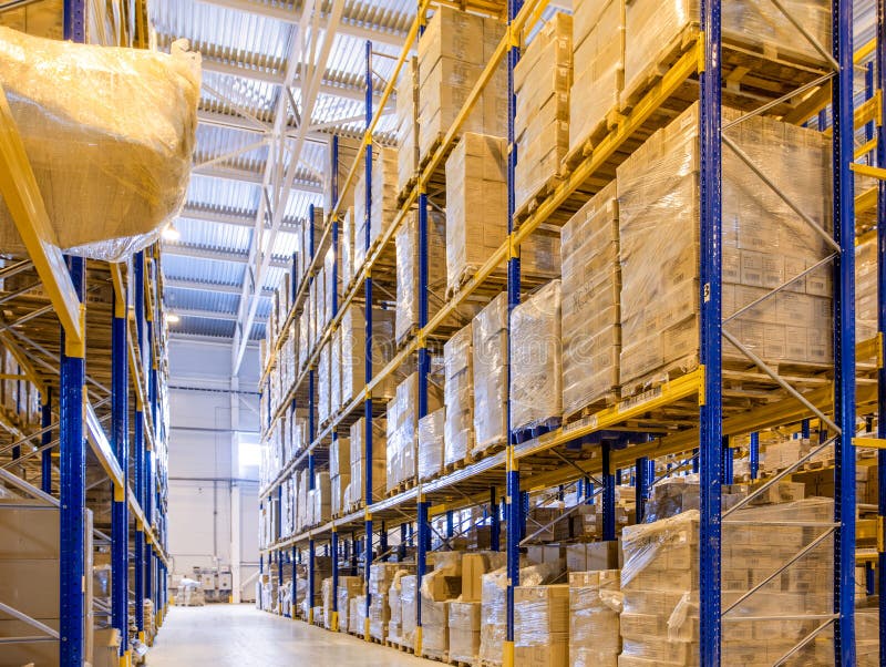 Interior of Modern Warehouse. Rows of Shelves with Boxes Stock Photo ...