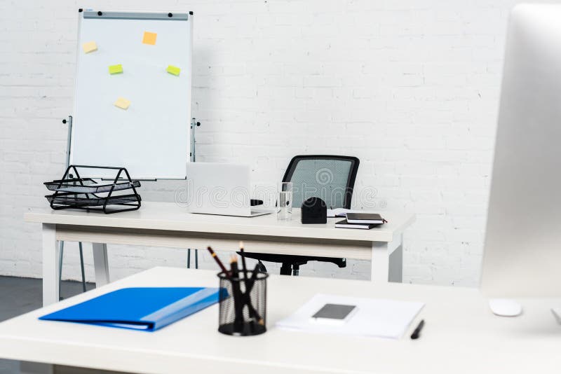 Interior of Modern White Office with Computers Stock Photo - Image of ...