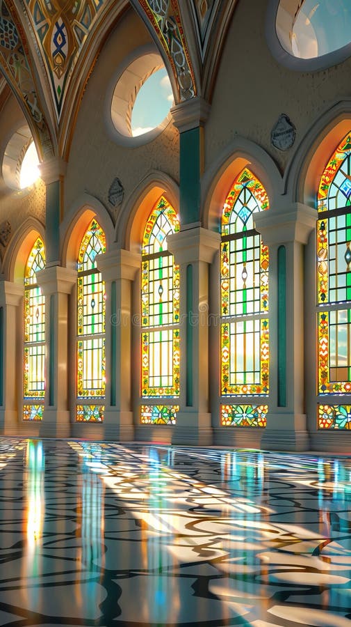Interior of a Mosque with Colorful Stained Glass Windows and Ornate ...