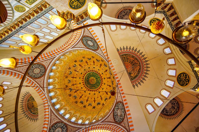 Interior of Mosque, Domes are Painted with Patterns, Decorative Windows ...