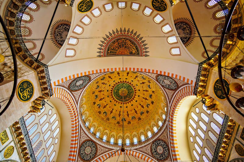 Interior of Mosque, Domes are Painted with Patterns, Decorative Windows ...