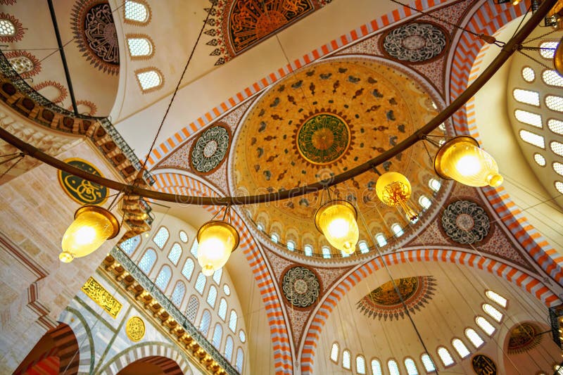 Interior of Mosque, Domes are Painted with Patterns, Decorative Windows ...