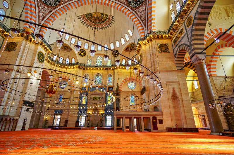 Interior of Mosque, Domes are Painted with Patterns, Decorative Windows ...