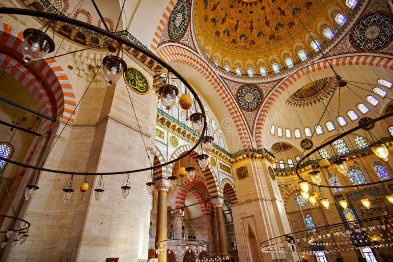 Interior of Mosque, Domes are Painted with Patterns, Decorative Windows ...