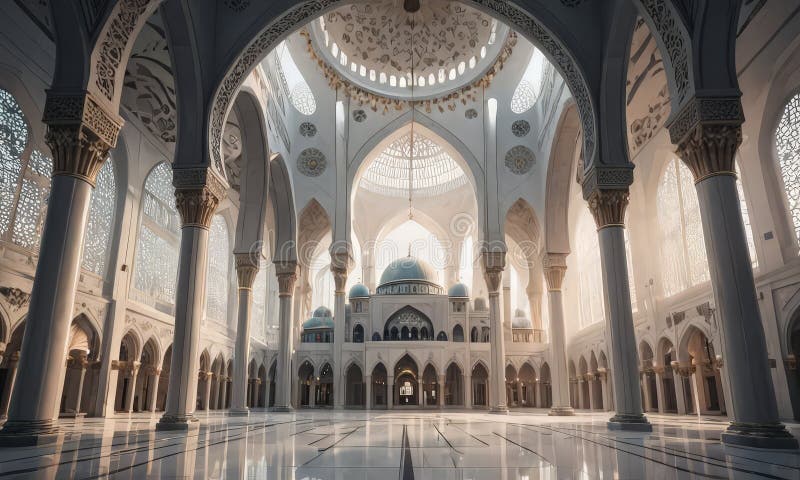 The Interior Mosque Features Grand Arched Entryway, White Marble Floors ...