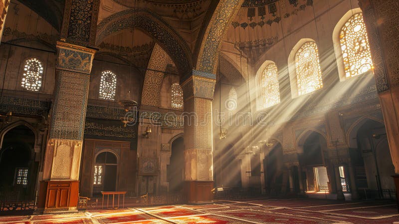 Mosque Interior Illuminated by Sunlight through Ornate Windows Stock ...