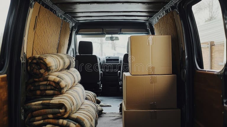 Interior of Moving Van with Cardboard Boxes and Blankets for Relocation ...