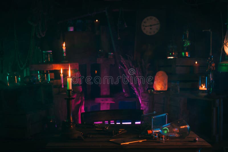 Interior of the Mystical Laboratory of Alchemist Witch with Candles and ...