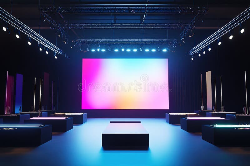 Interior with Neon Lit Platforms, Stage Setup, Truss Lighting, Black ...