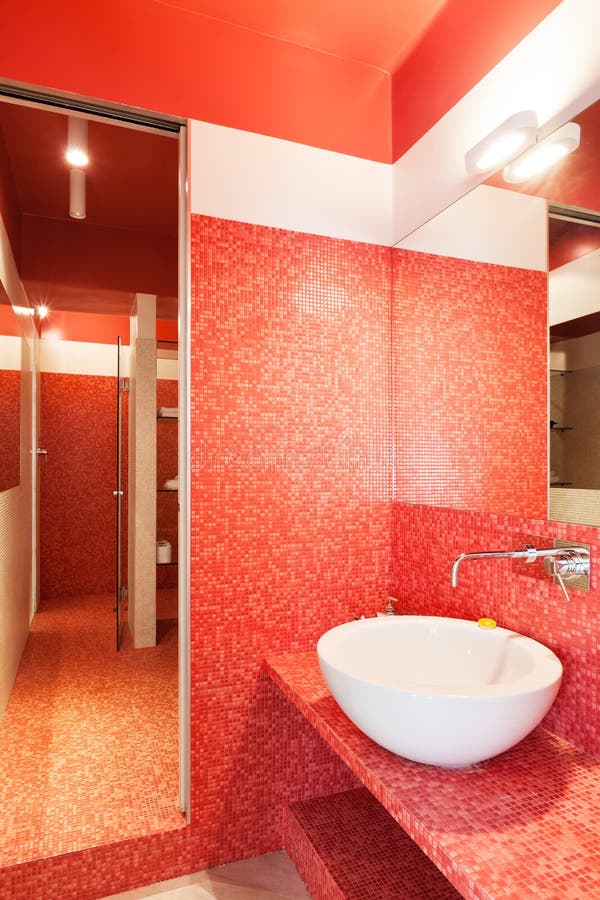Interior New Apartment, Red Bathroom Stock Image - Image of sink, decor ...