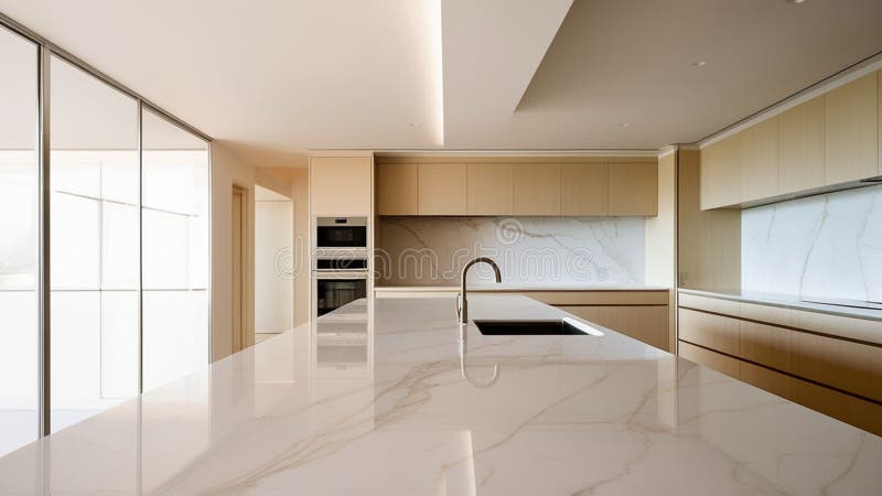 Interior New House, Modern Kitchen View, White Marble Countertop Stock ...