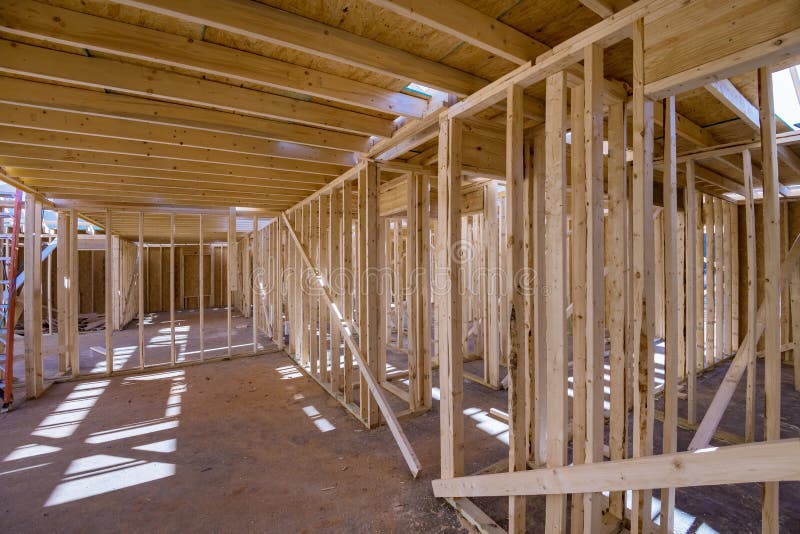 An Interior New House Under Construction with Wood Framing Beams and Stick Frameworks Stock ...