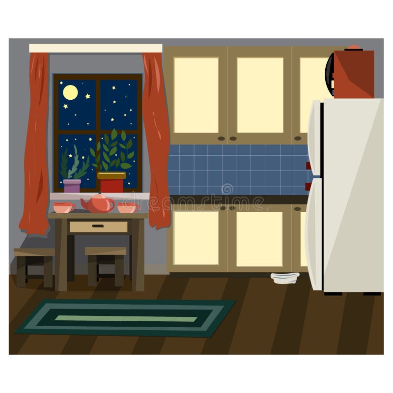 Interior of a Night Kitchen with Furniture and a Window Stock Vector ...