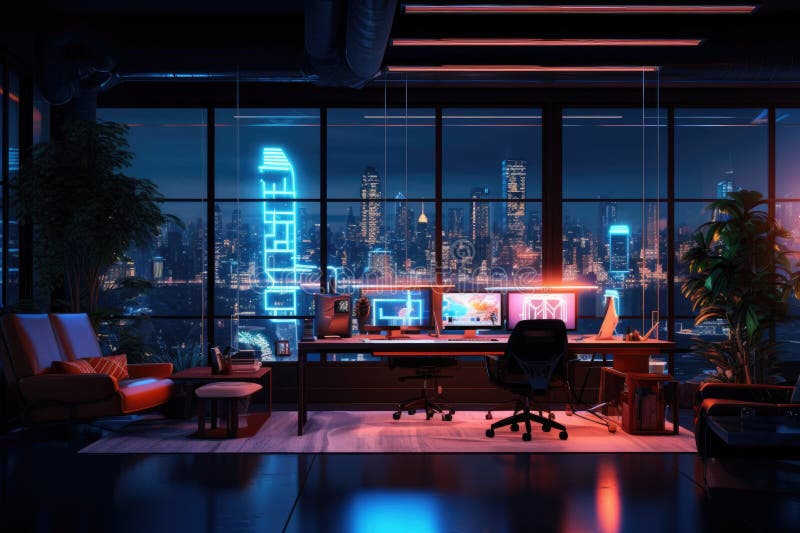 The Interior of the Office with a Computer and Neon Lighting Stock ...