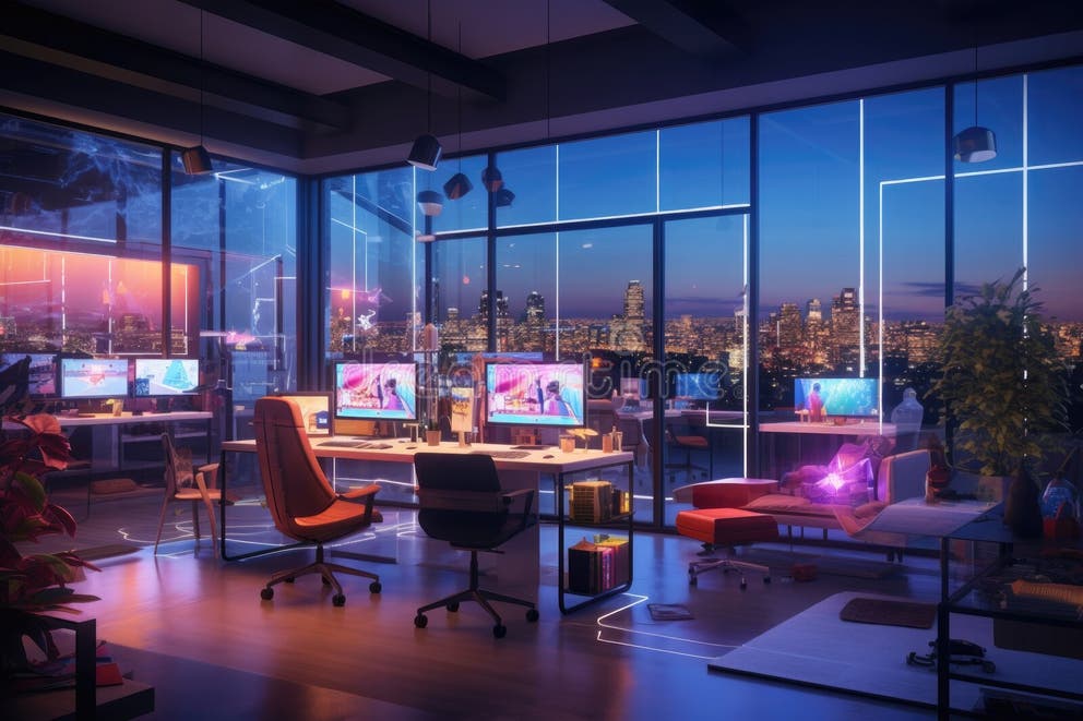 The Interior of the Office with a Computer and Neon Lighting Stock ...