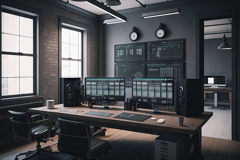Interior of Office with Computers and Screen on Table, Industrial ...