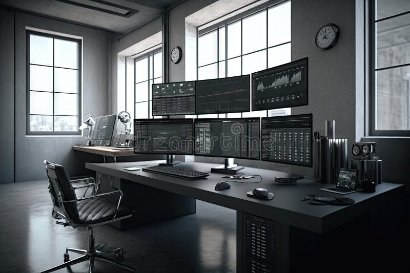 Interior of Office with Computers and Screen on Table, Industrial ...