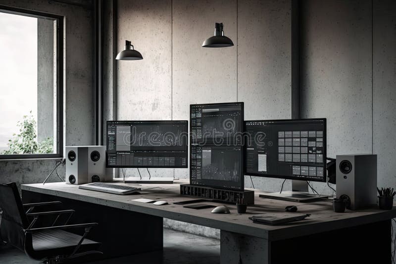 Interior of Office with Computers and Screen on Table, Industrial ...
