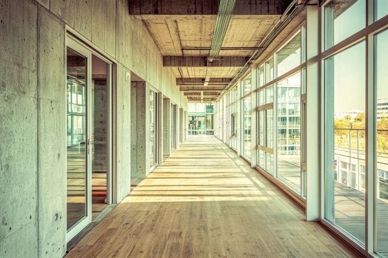 An Interior Office Corridor with Large Windows and Glass Walls. 3D ...