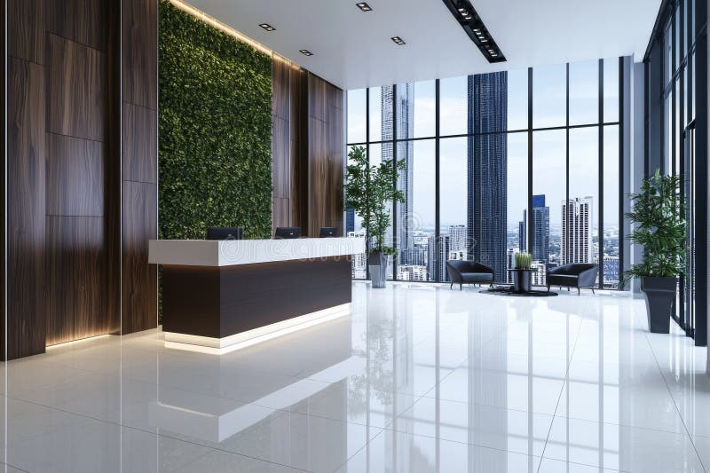 The Interior of an Office Lobby Features a Reception Desk and Large ...