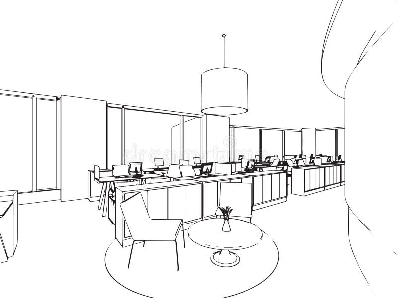Interior Office Outline Drawing Sketch Stock Vector - Illustration of ...