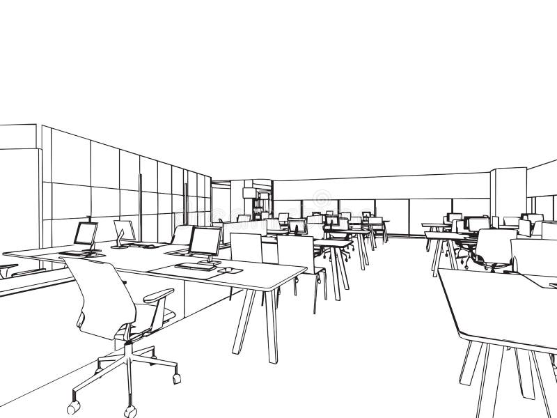 Interior Office Outline Drawing Sketch Stock Vector - Illustration of ...