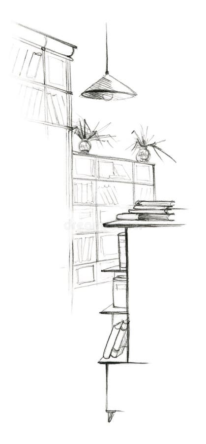 Interior of the Office, Work Room, Library. Drawing with a Slate Pencil ...
