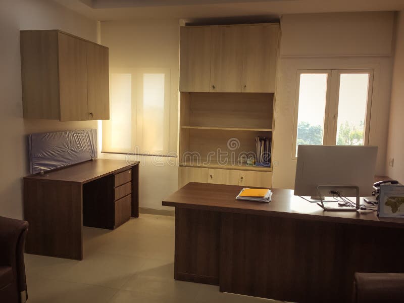 Interior of an Office, Workplace with Windows, a Computer and Tables ...