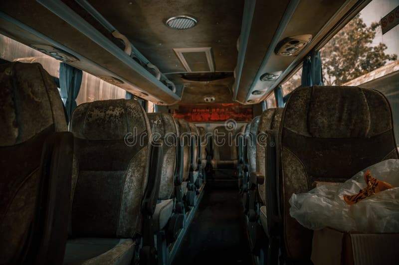 The Interior of an Old Abandoned Bus. Steering Wheel and Dashboard ...