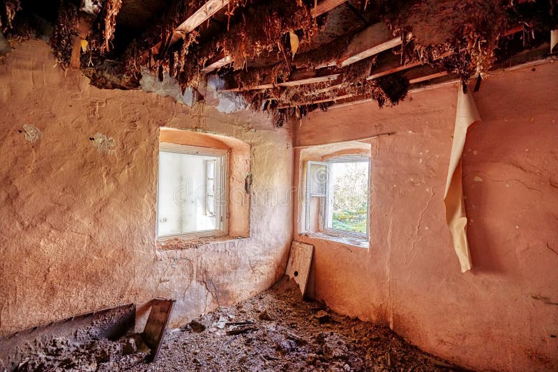 Interior of an Old Abandoned Cottage with Peeled Walls and Windows ...