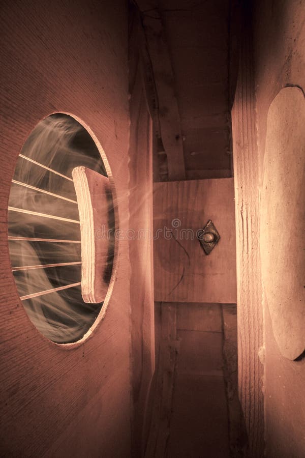 Interior of Old Acoustic Guitar. Guitar from Inside with Strings Stock ...
